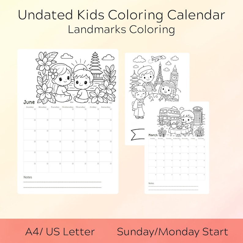 Undated Around the World Coloring Calendar for Kids | Kawaii Landmarks ...
