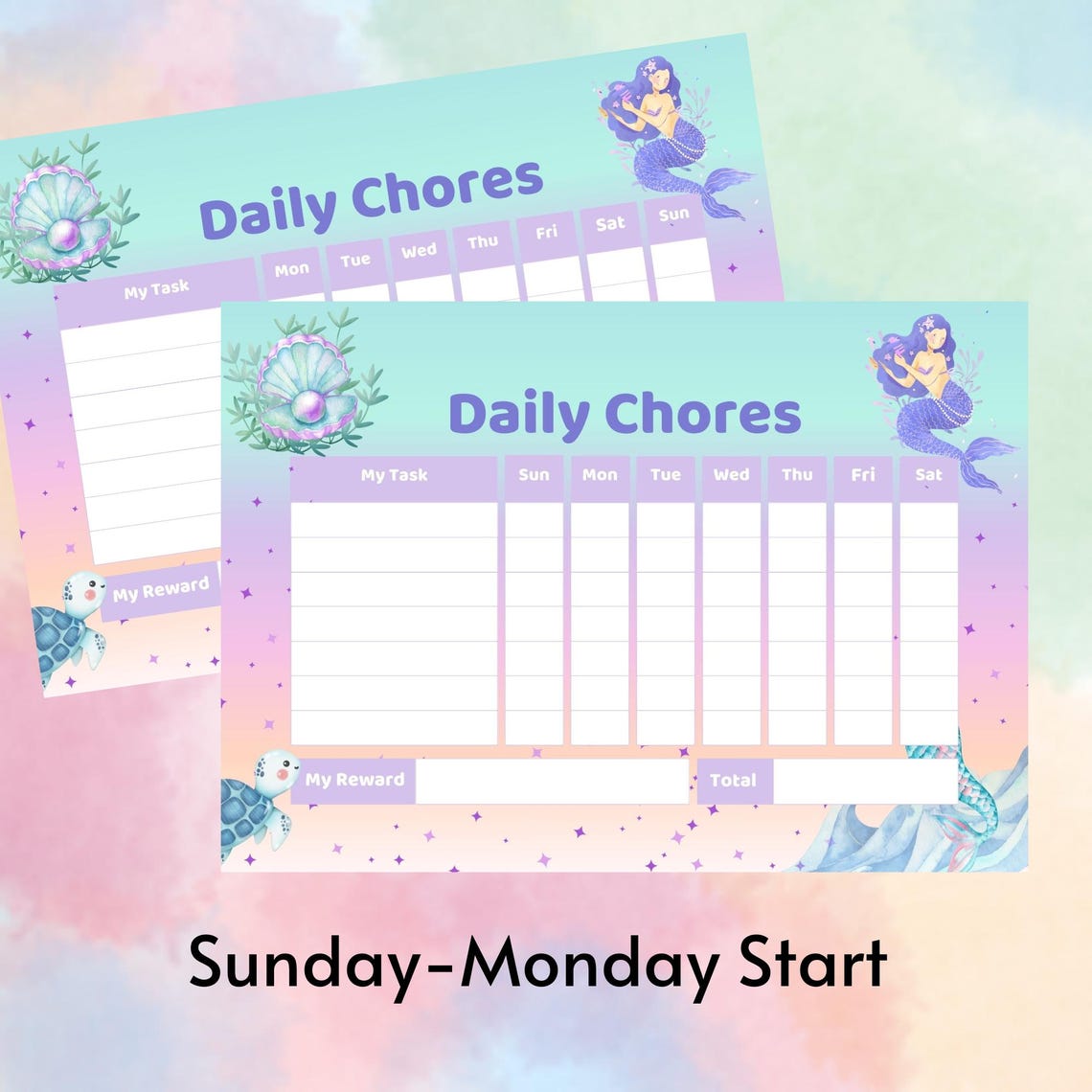 Editable Mermaid Chore Chart, Mermaid Reward Chart for Kids, Sunday ...