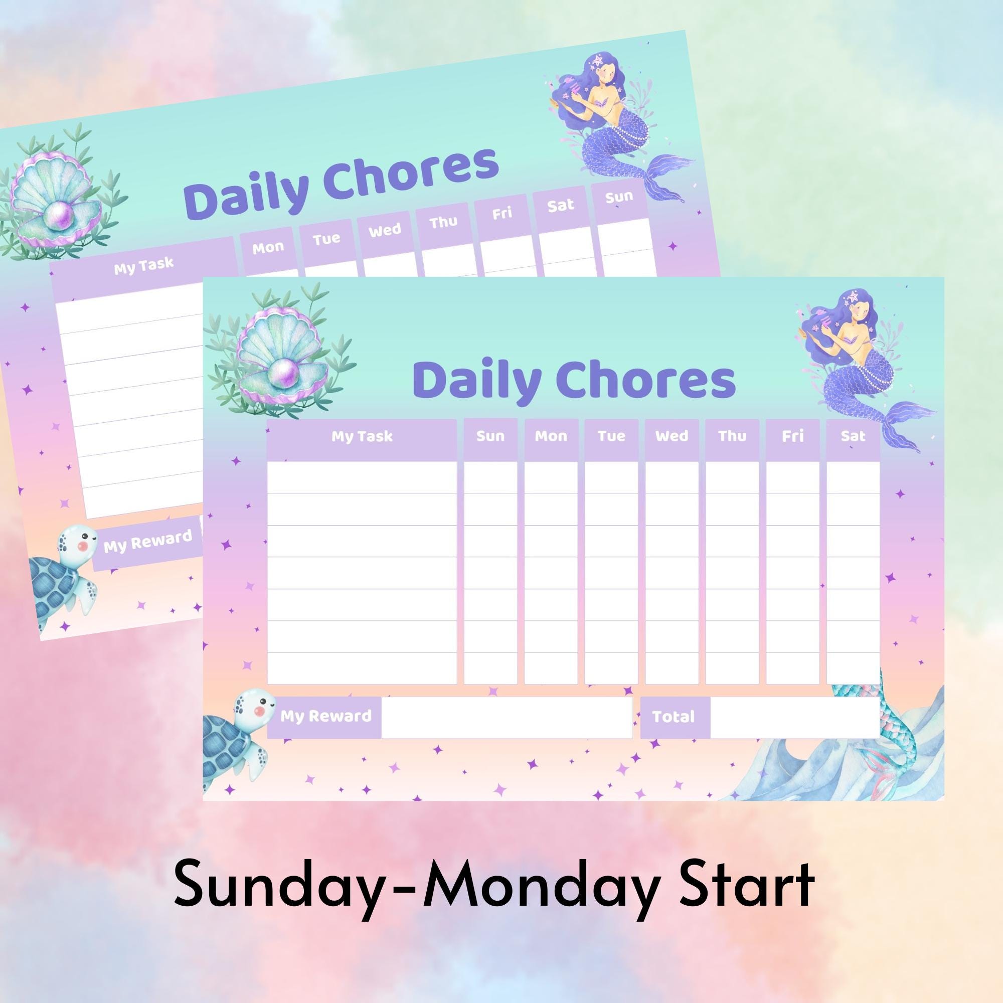 Editable Mermaid Chore Chart: Kids Responsibility Tracker (canva ...