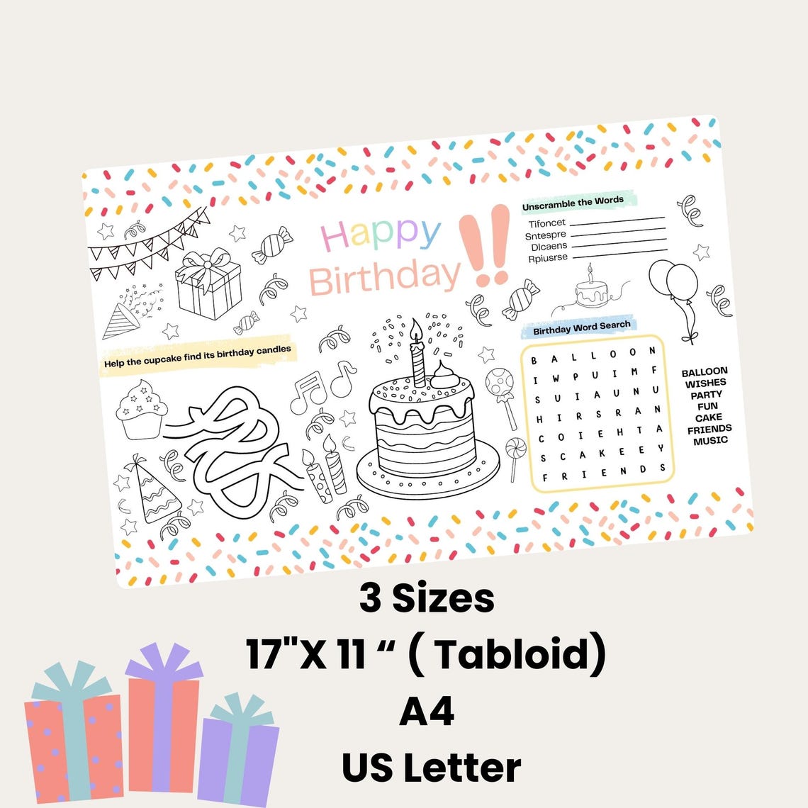 Printable Birthday Activity Placemat for Kids, Birthday Party Placemat ...
