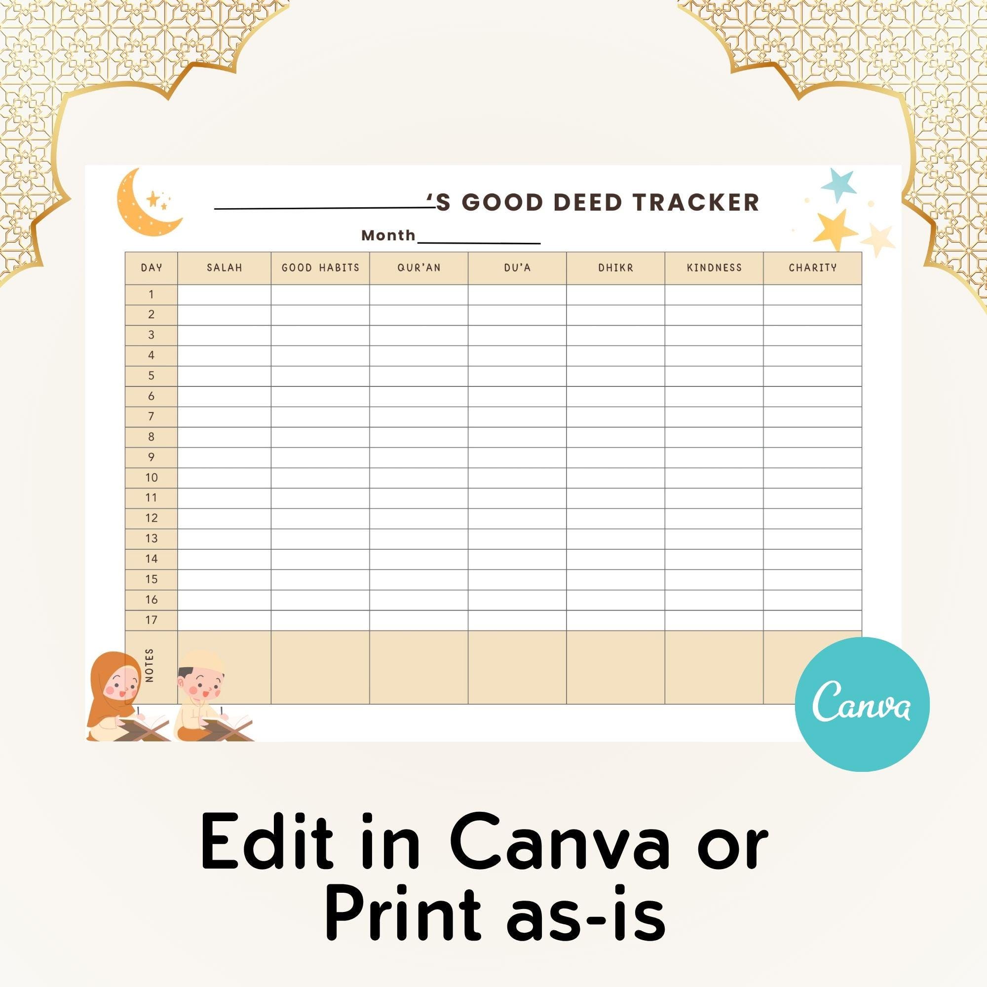 Islamic Good Deed Tracker for Kids: Monthly Activity Chart (printable ...