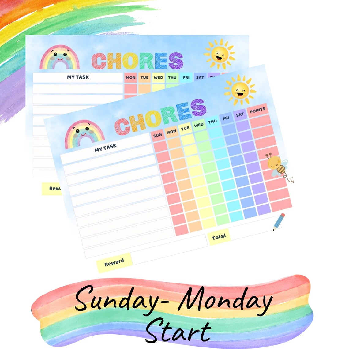 Printable Kids Rainbow Chore Chart, Weekly Chore Planner, Family Chore ...