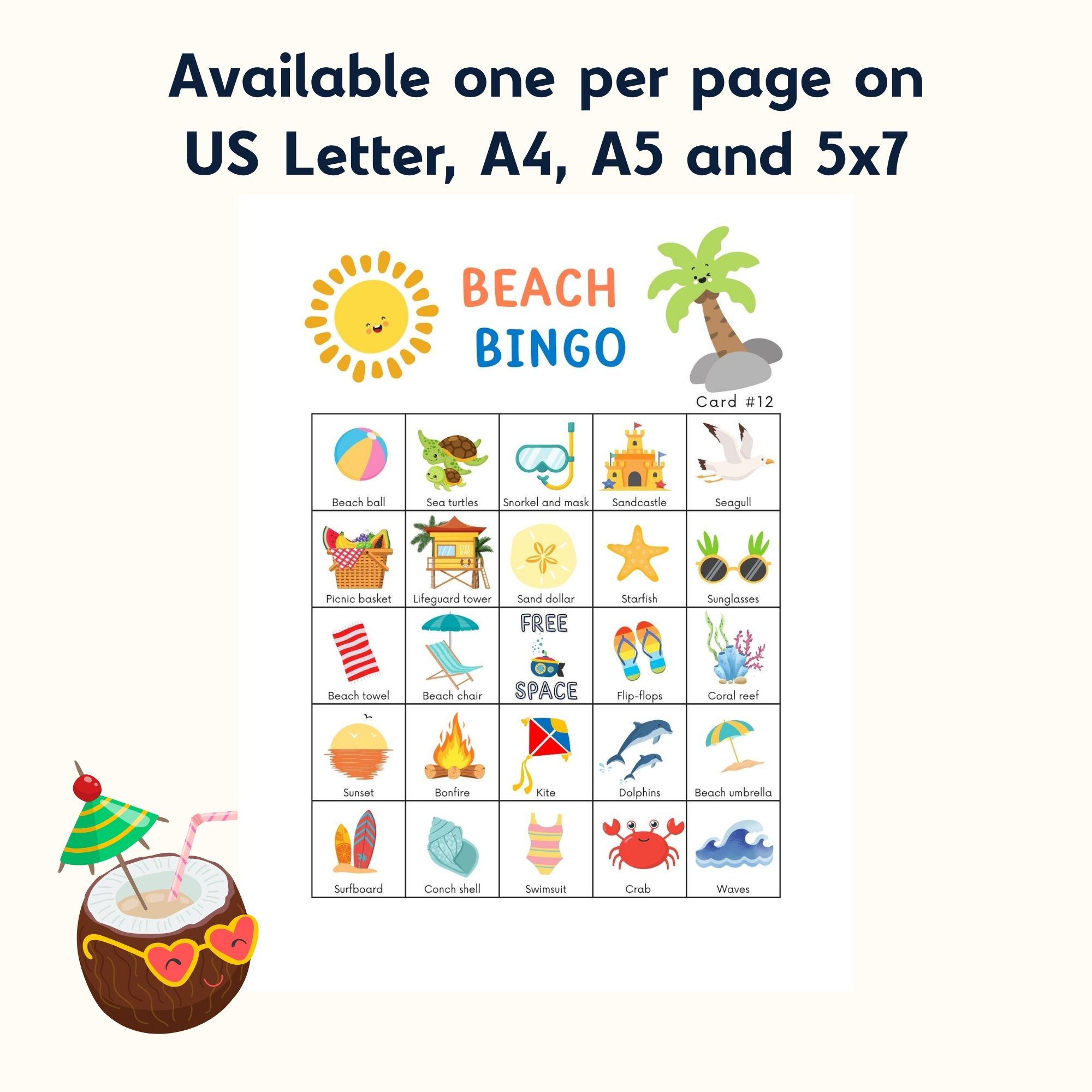 20 Beach Bingo Cards Printable Game, Beach Bingo Birthday Party, Summer ...