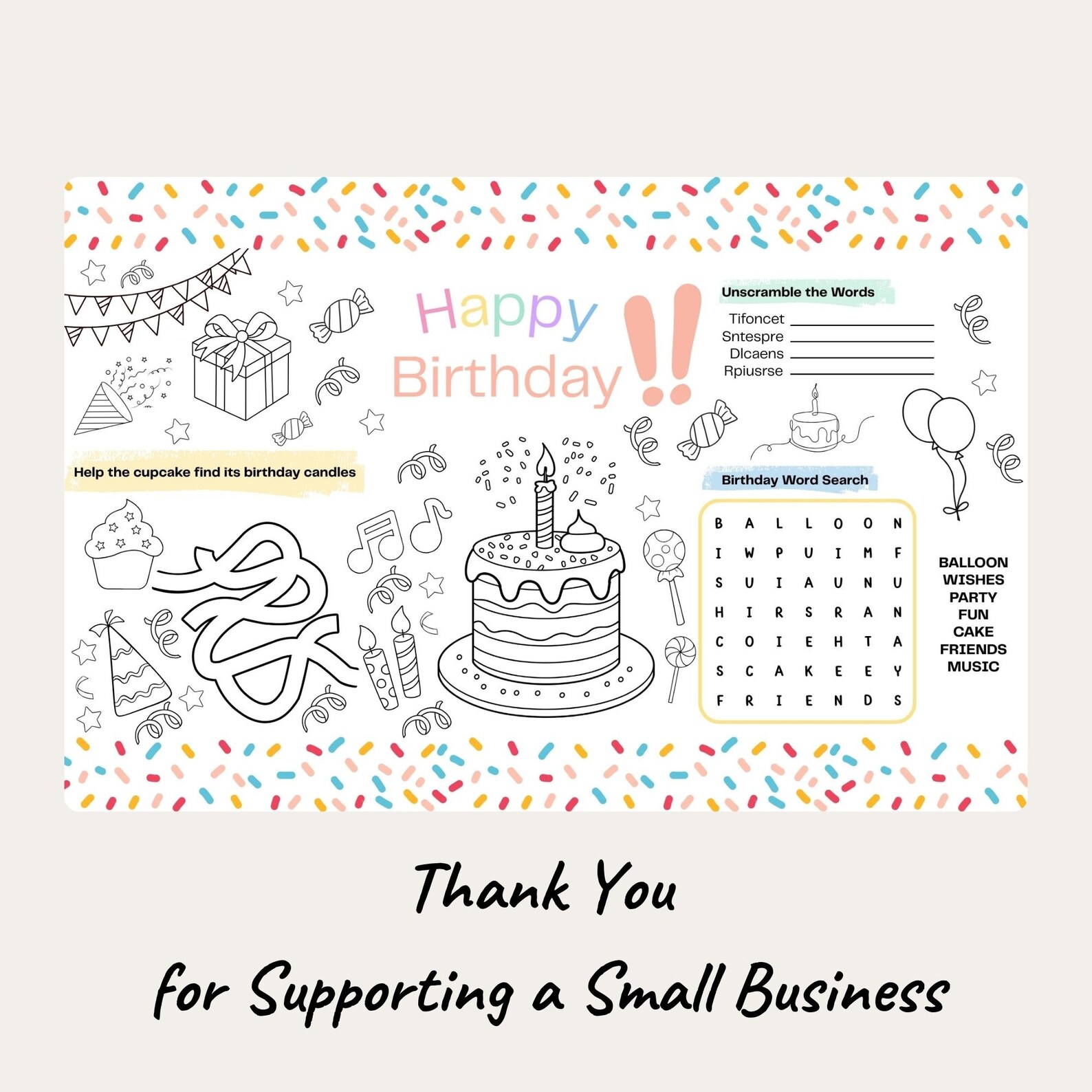 Printable Birthday Activity Placemat for Kids, Birthday Party Placemat ...