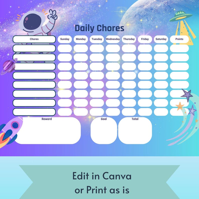 Space-themed Chore Chart, Editable Chore Chart, Behavior Chart, Kids ...