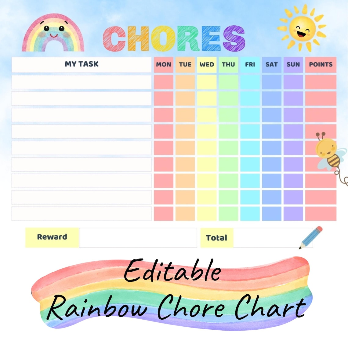 Printable Kids Rainbow Chore Chart, Weekly Chore Planner, Family Chore ...