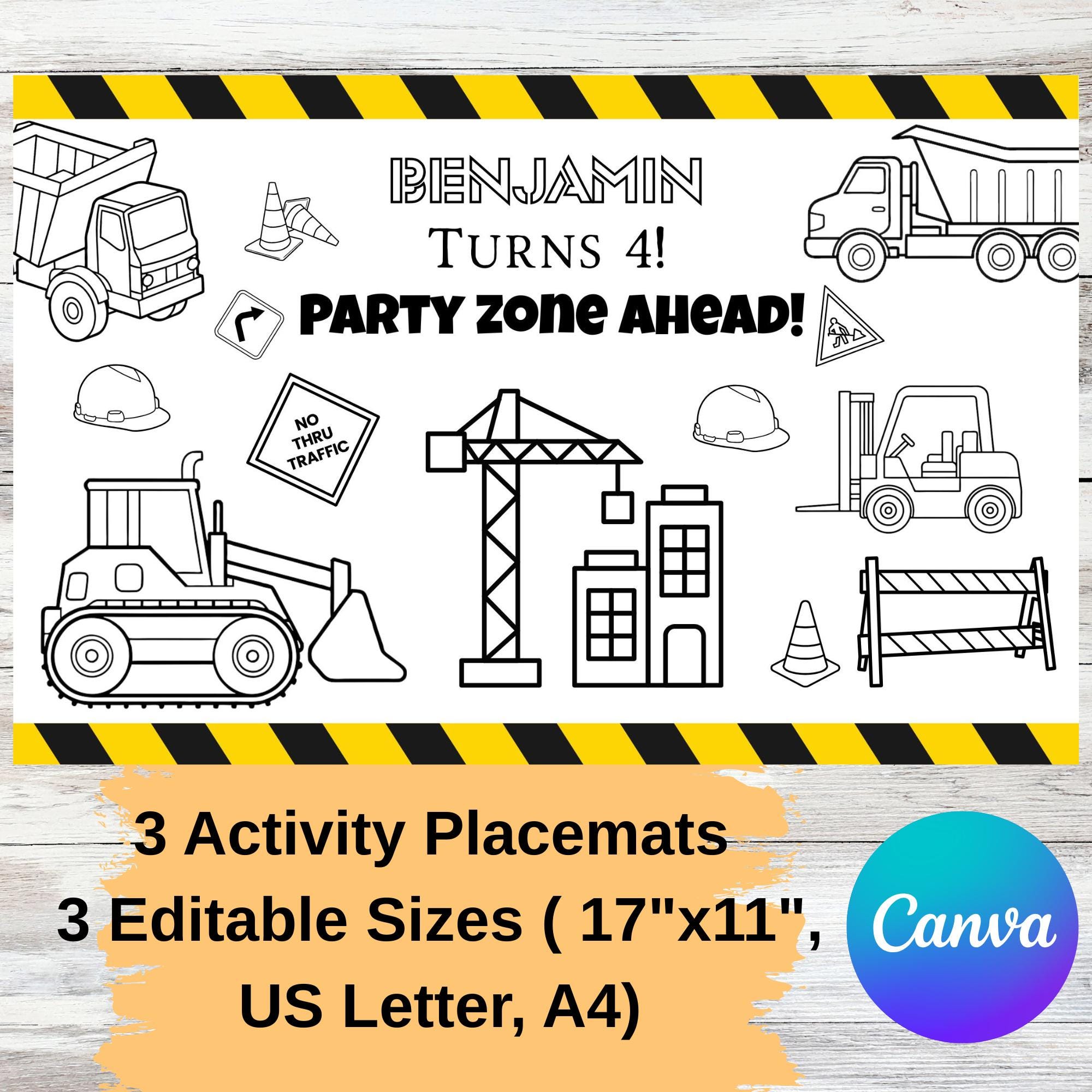 Editable Construction Birthday Placemat for Kids, Printable ...