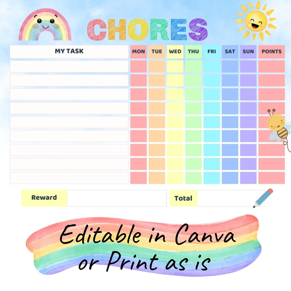 Editable Rainbow Chore Chart, Customizable Chore Chart, Family Chore ...
