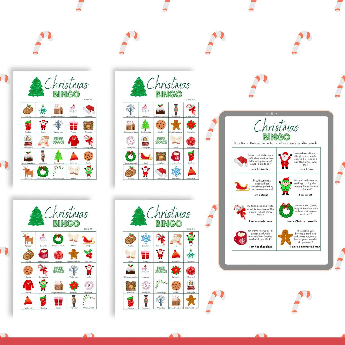 Printable Christmas Bingo Game: 50 Holiday Riddle Cards (A4 & US Letter ...