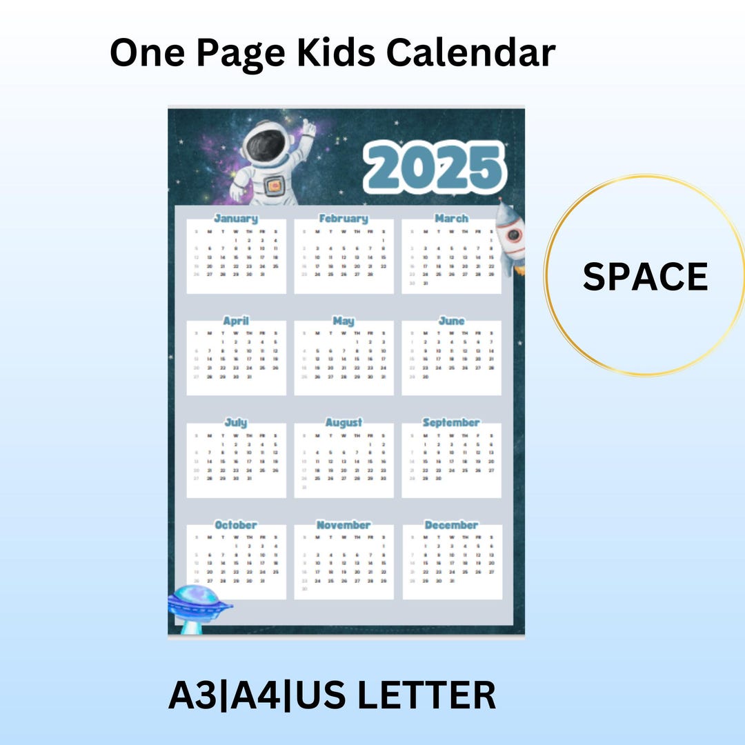 Printable Kids 2025 Calendar, Space Themed Calendar, Kids Room Decor ...