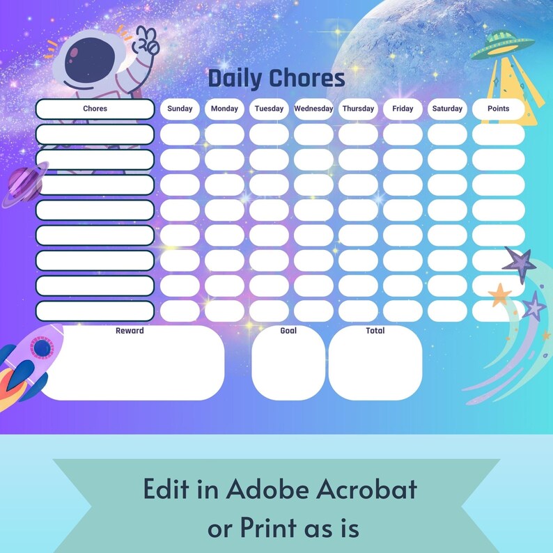 Space-themed Chore Chart, Editable Chore Chart, Behavior Chart ...