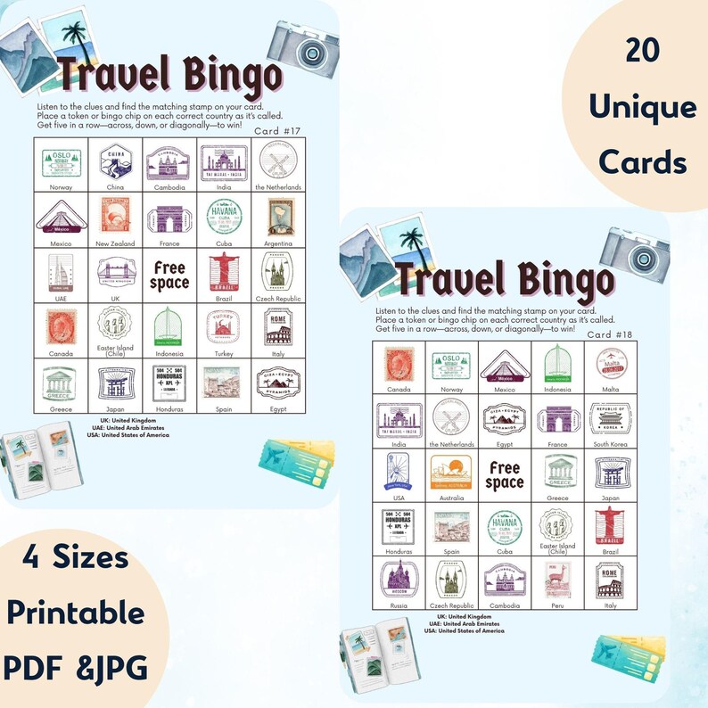 Travel Bingo Printable Game: 20 Unique Cards, Holiday Activities for ...