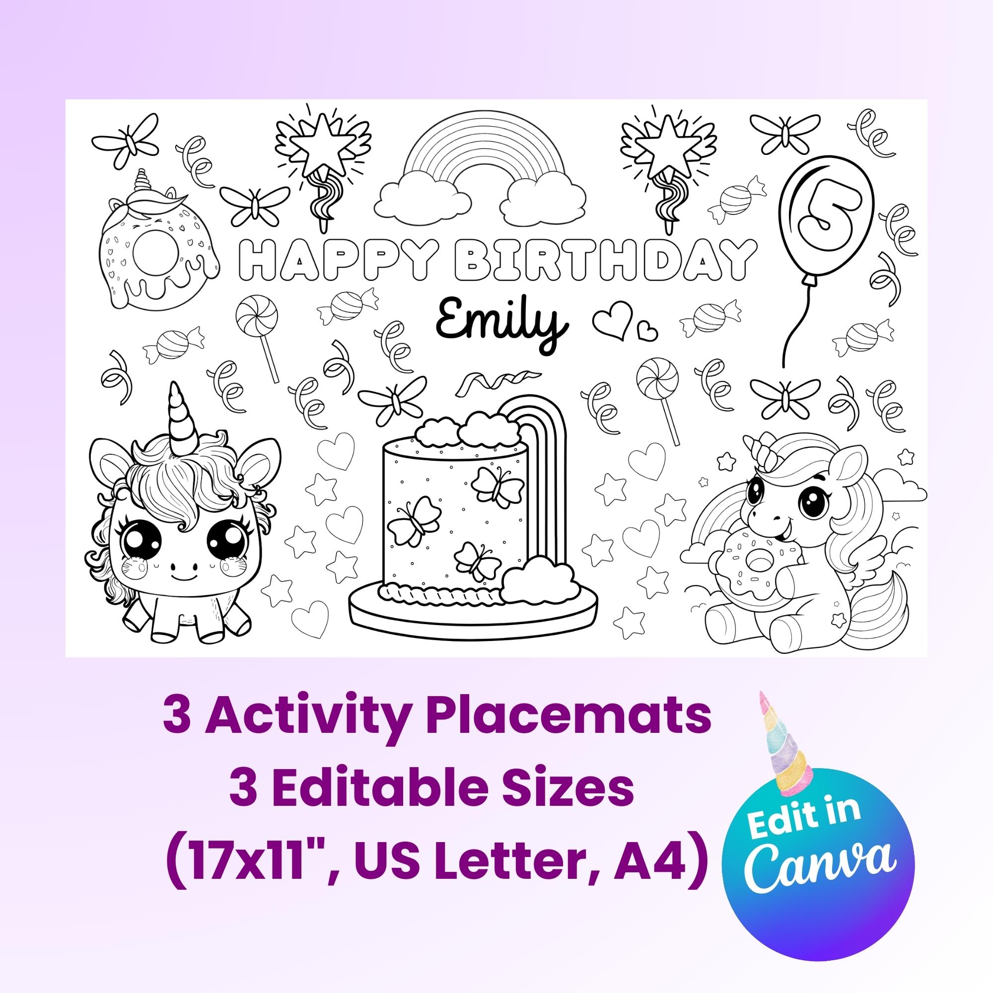 Editable Unicorn Birthday Placemat Printable, Personalized Coloring ...