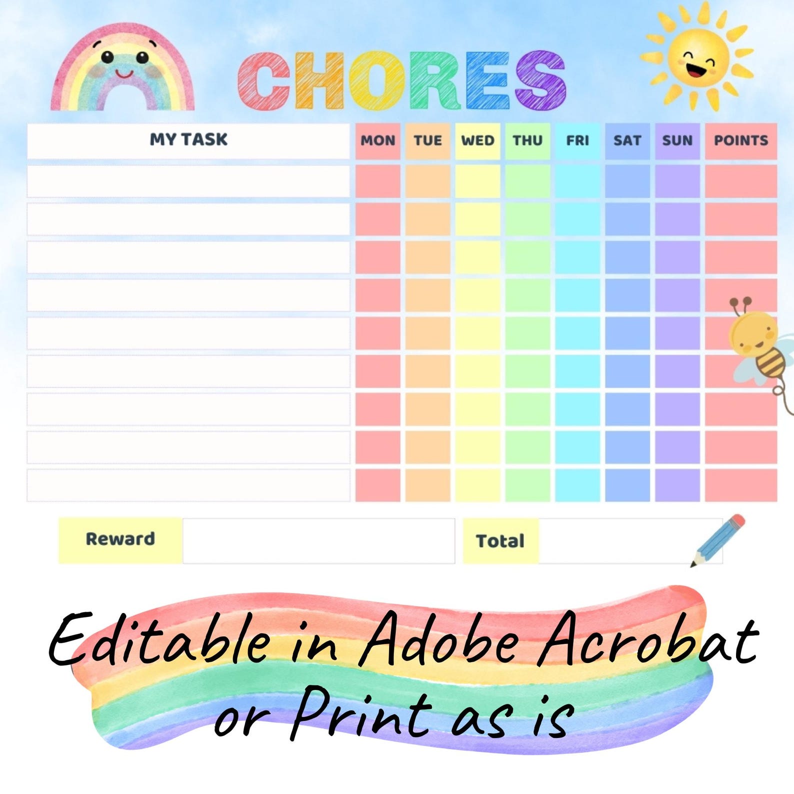 Printable Kids Rainbow Chore Chart, Weekly Chore Planner, Family Chore ...