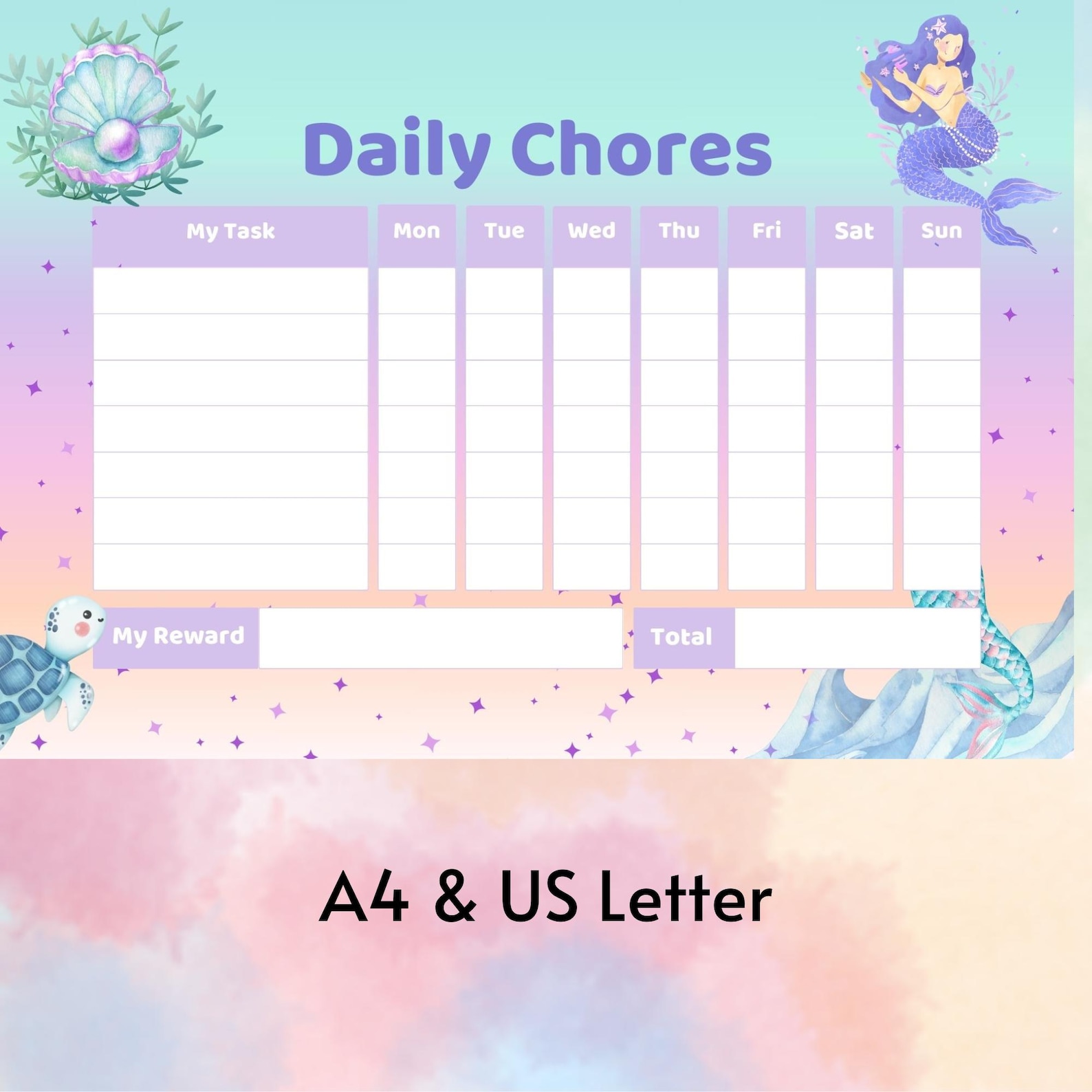 Editable Mermaid Chore Chart, Mermaid Reward Chart for Kids, Sunday ...