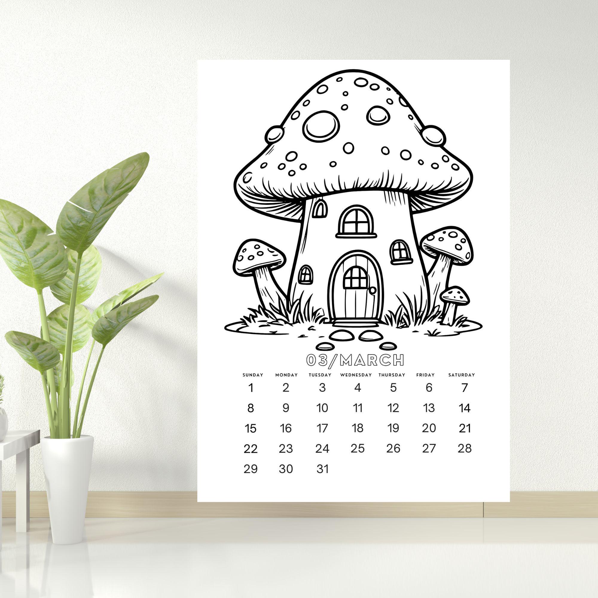 2026 Mushroom House Coloring Calendar: Printable DIY Kids Activity (PDF ...
