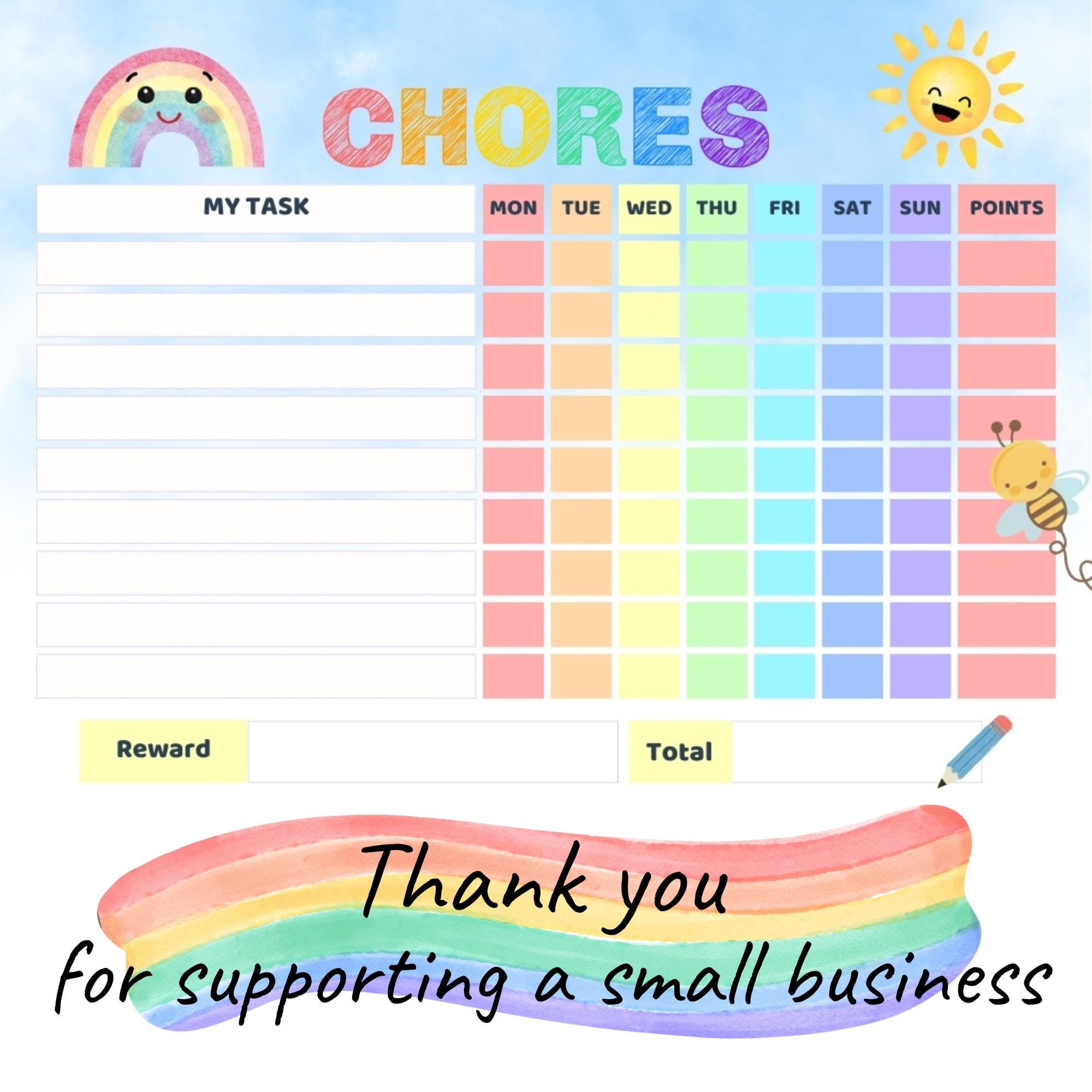 Printable Kids Rainbow Chore Chart, Weekly Chore Planner, Family Chore ...