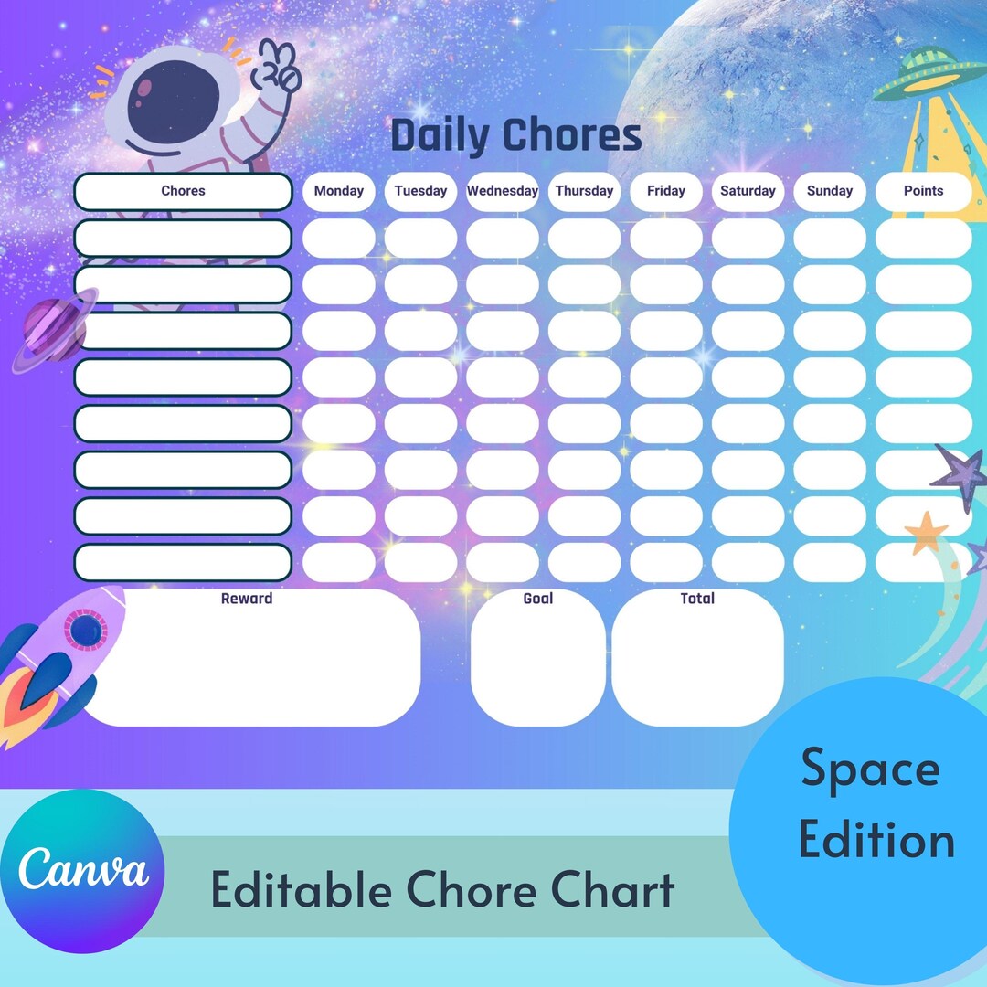 Space-themed Chore Chart, Editable Chore Chart, Behavior Chart, Kids ...