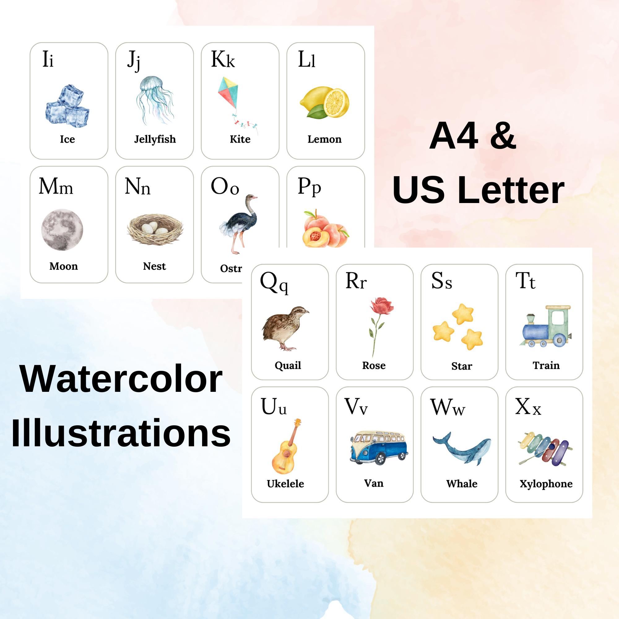 Montessori Alphabet Printables, Alphabet Watercolor Flashcards, Nursery ...