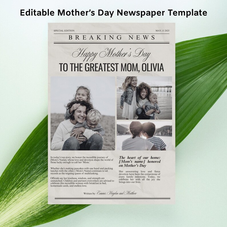 Editable Mother's Day Newspaper Template Canva, Personalized Mother's ...