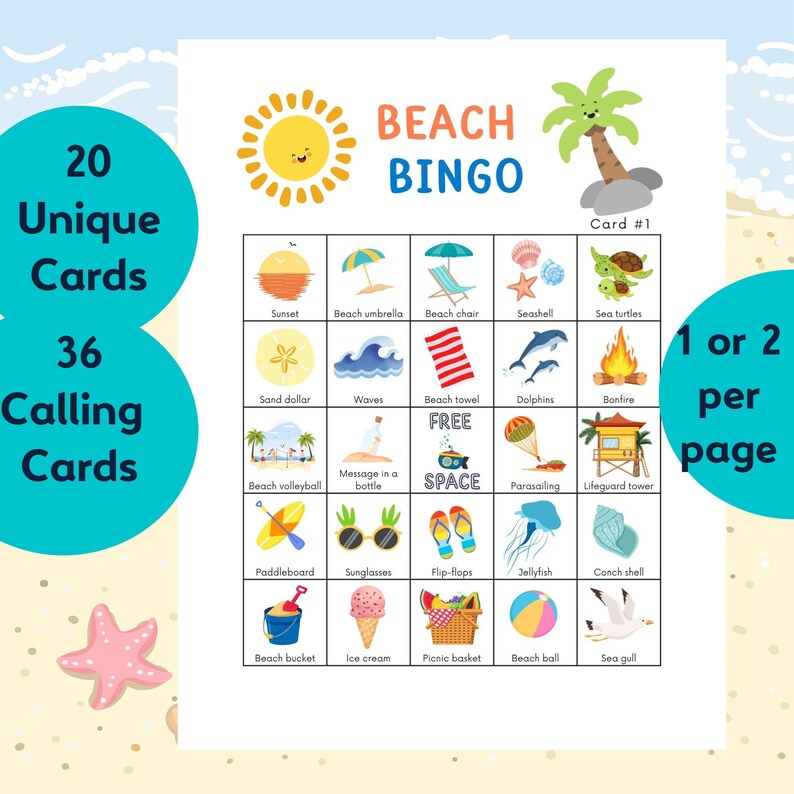 20 Beach Bingo Cards Printable Game, Beach Bingo Birthday Party, Summer ...