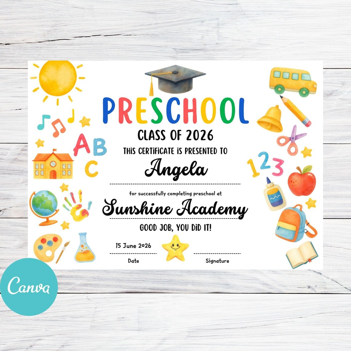Editable Preschool Diploma Template, Kids Certificate Award (digital ...