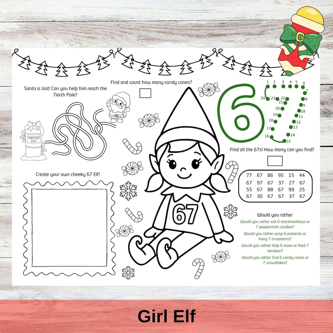 67 Elf Activity Placemat Printable | Christmas Kids Activity Sheet ...