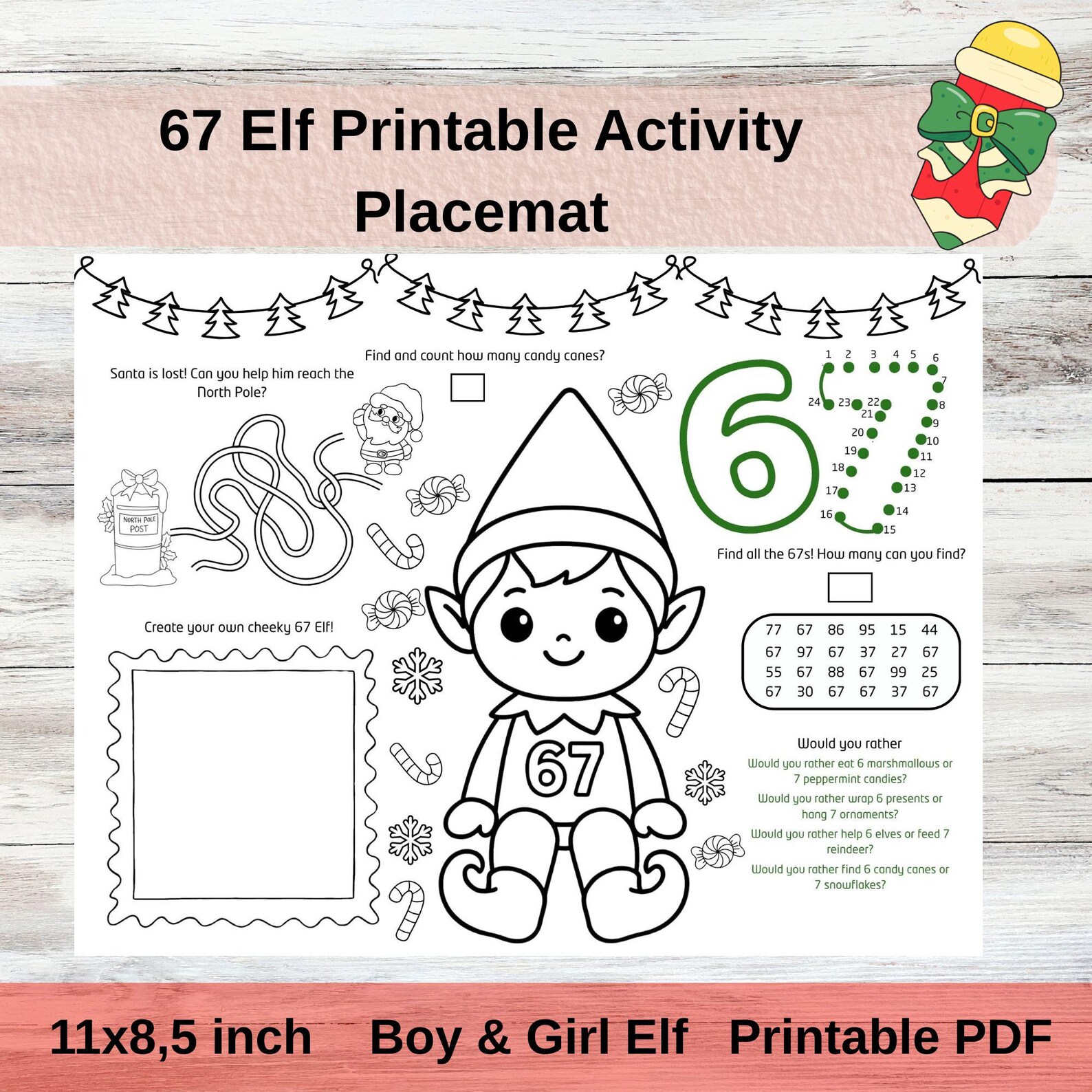 67 Elf Activity Placemat Printable | Christmas Kids Activity Sheet ...