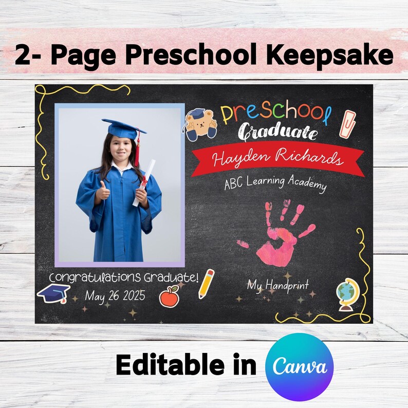 Editable Preschool Graduation Keepsake, Last Day of Preschool Handprint ...