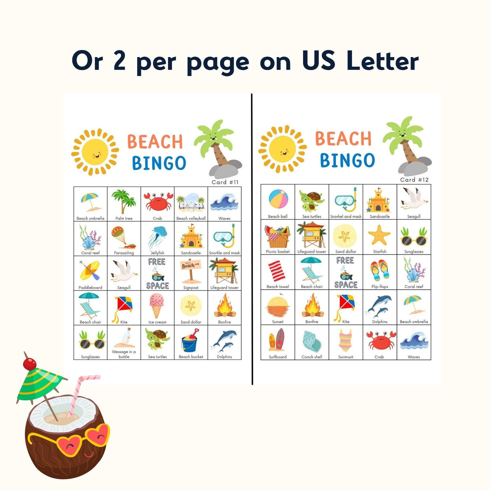 20 Beach Bingo Cards Printable Game, Beach Bingo Birthday Party, Summer ...