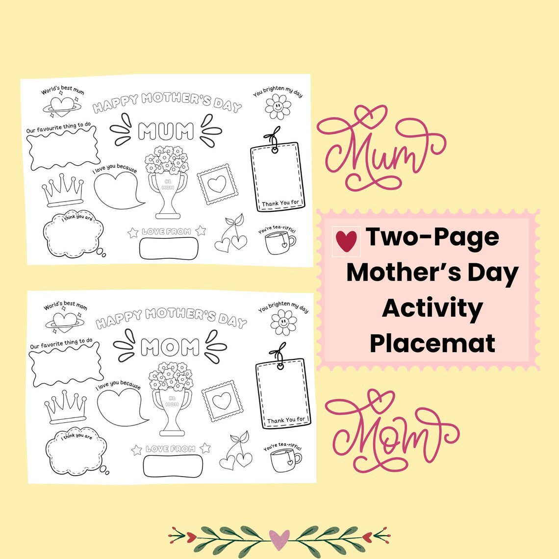 Printable Mother's Day Activity Placemat for Kids, Mother's Day ...