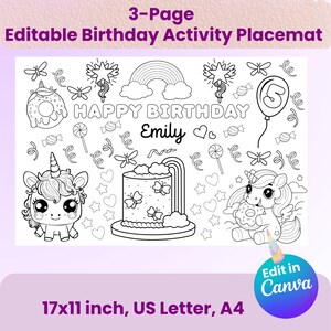 Editable Unicorn Birthday Placemat: Kids Coloring Activity (digital ...