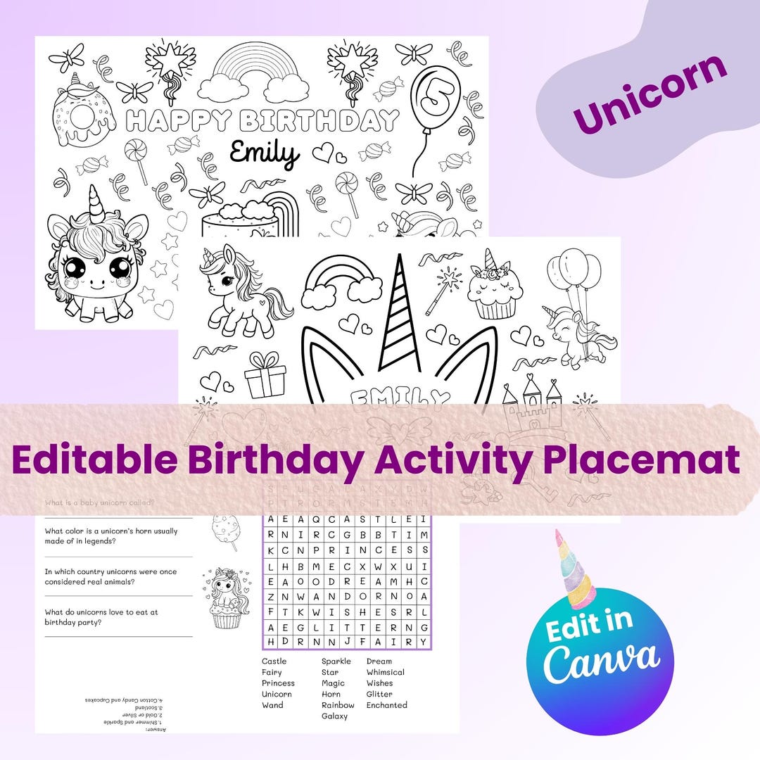 Editable Unicorn Birthday Placemat Printable Personalized Unicorn ...