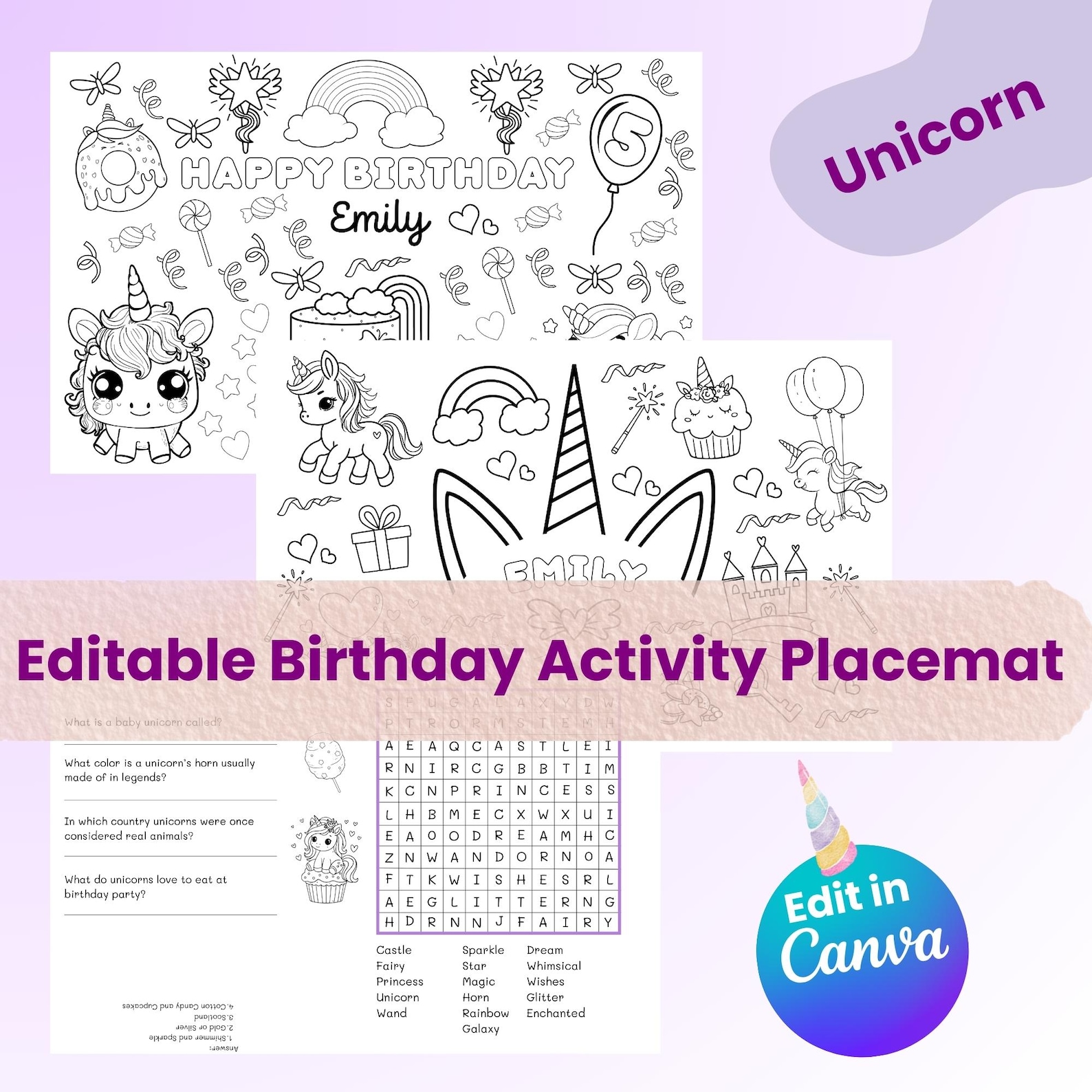Editable Unicorn Birthday Placemat Printable, Personalized Coloring ...