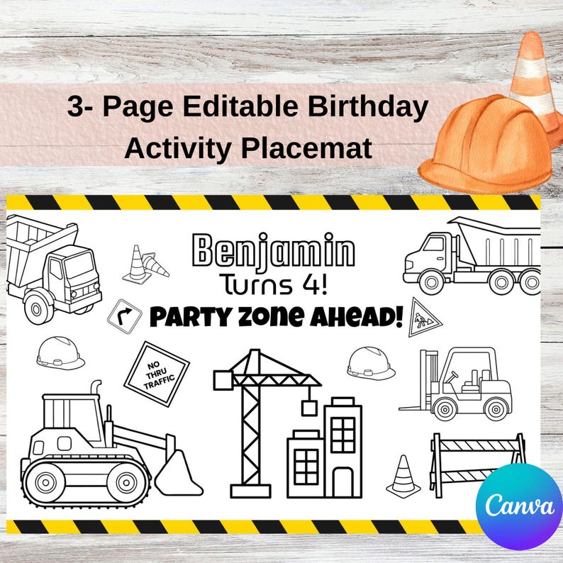 Editable Construction Birthday Placemat: Kids Activity (digital ...