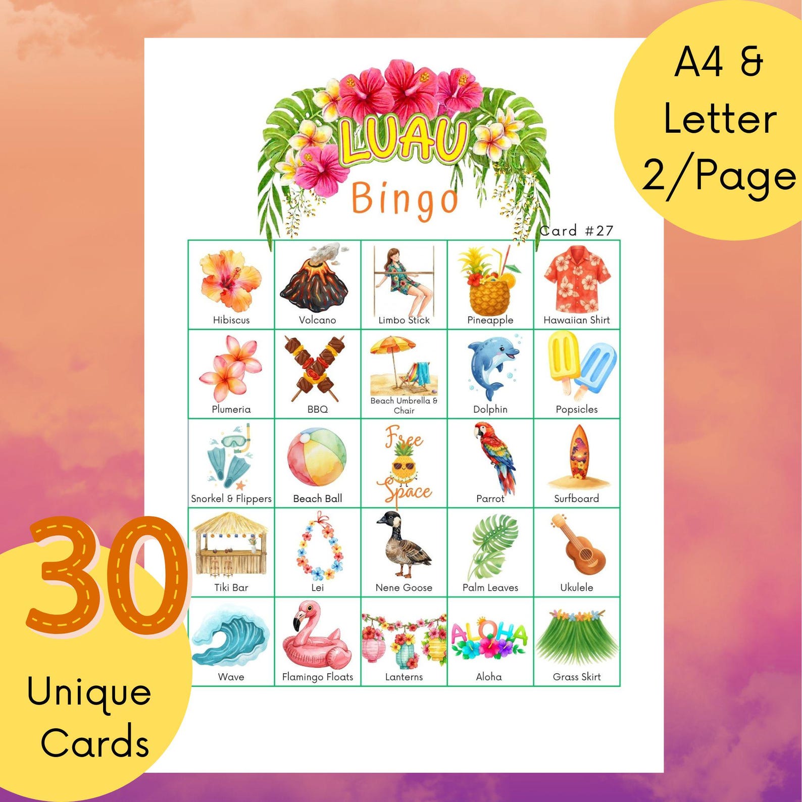 Luau Bingo Game | 30 Tropical Hawaiian Party Cards (instant Download ...