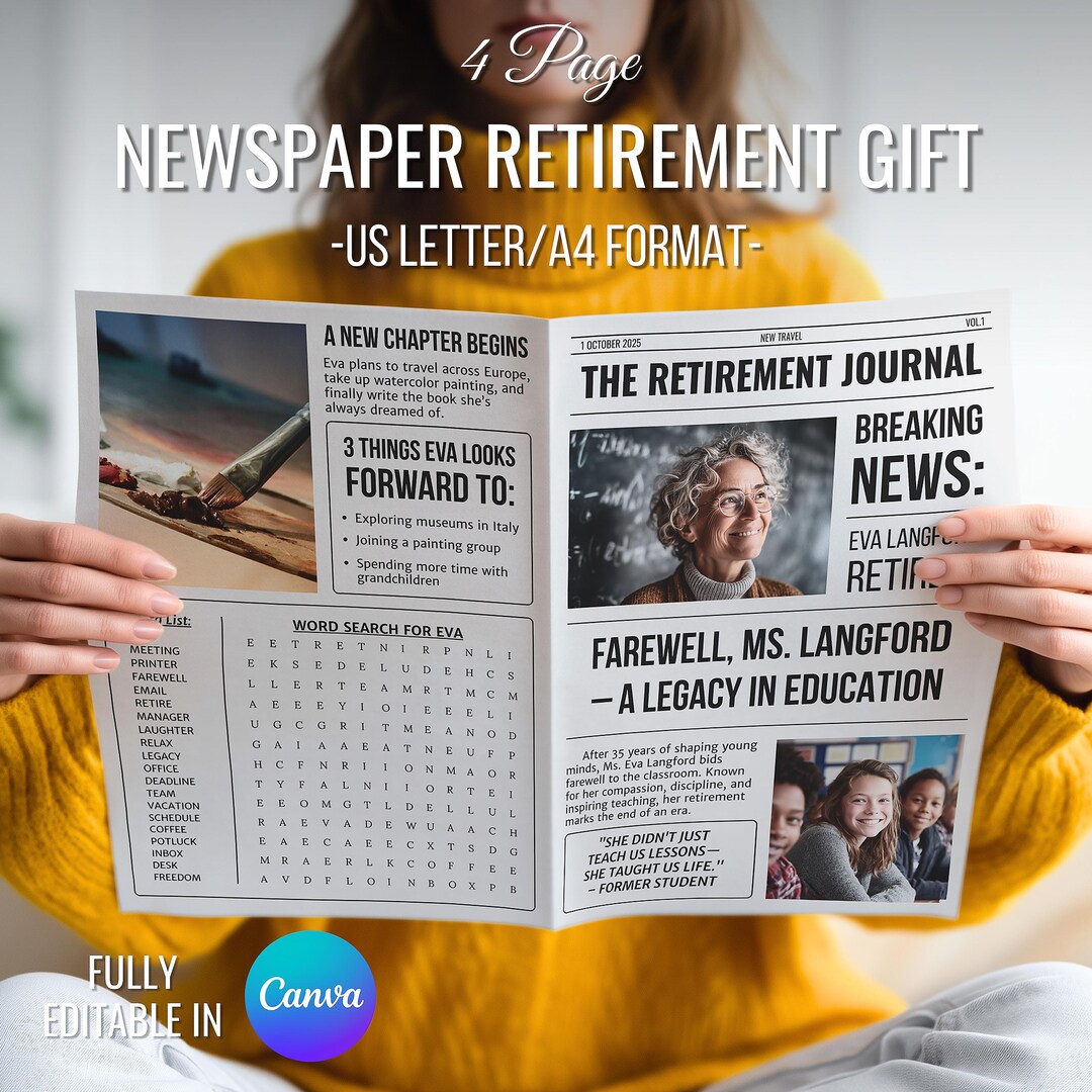 Editable Canva Retirement Newspaper Template | Teacher Retirement Gift ...