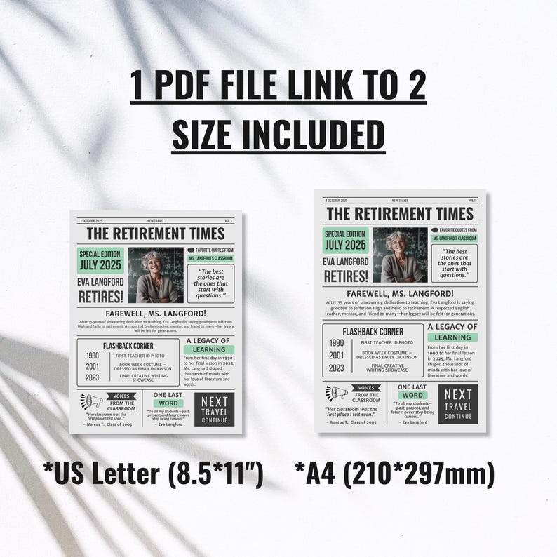 Editable Canva Retirement Newspaper Template | Teacher Retirement Gift ...