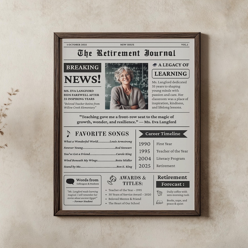 Editable Canva Retirement Newspaper Template | Retirement Party ...
