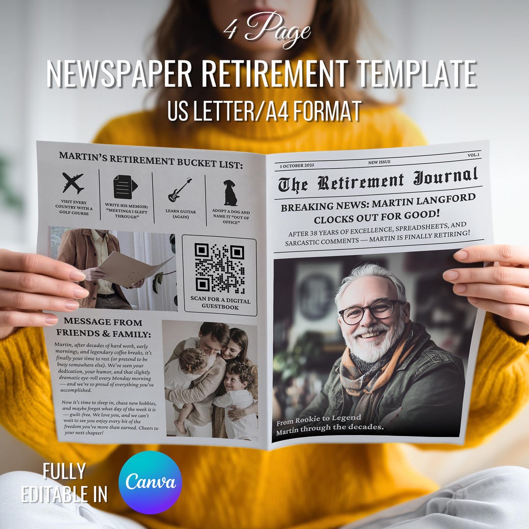 Editable Canva Retirement Newspaper Template | Retirement Party ...