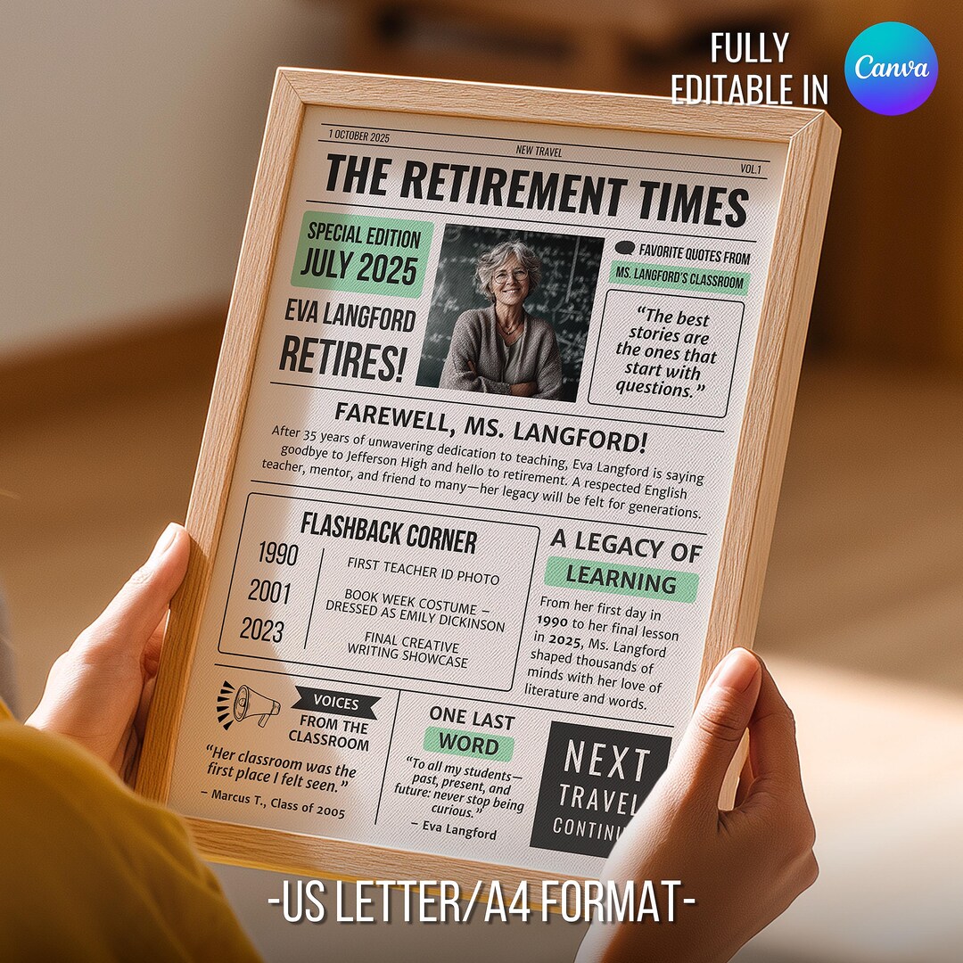 Editable Canva Retirement Newspaper Template | Teacher Retirement Gift ...