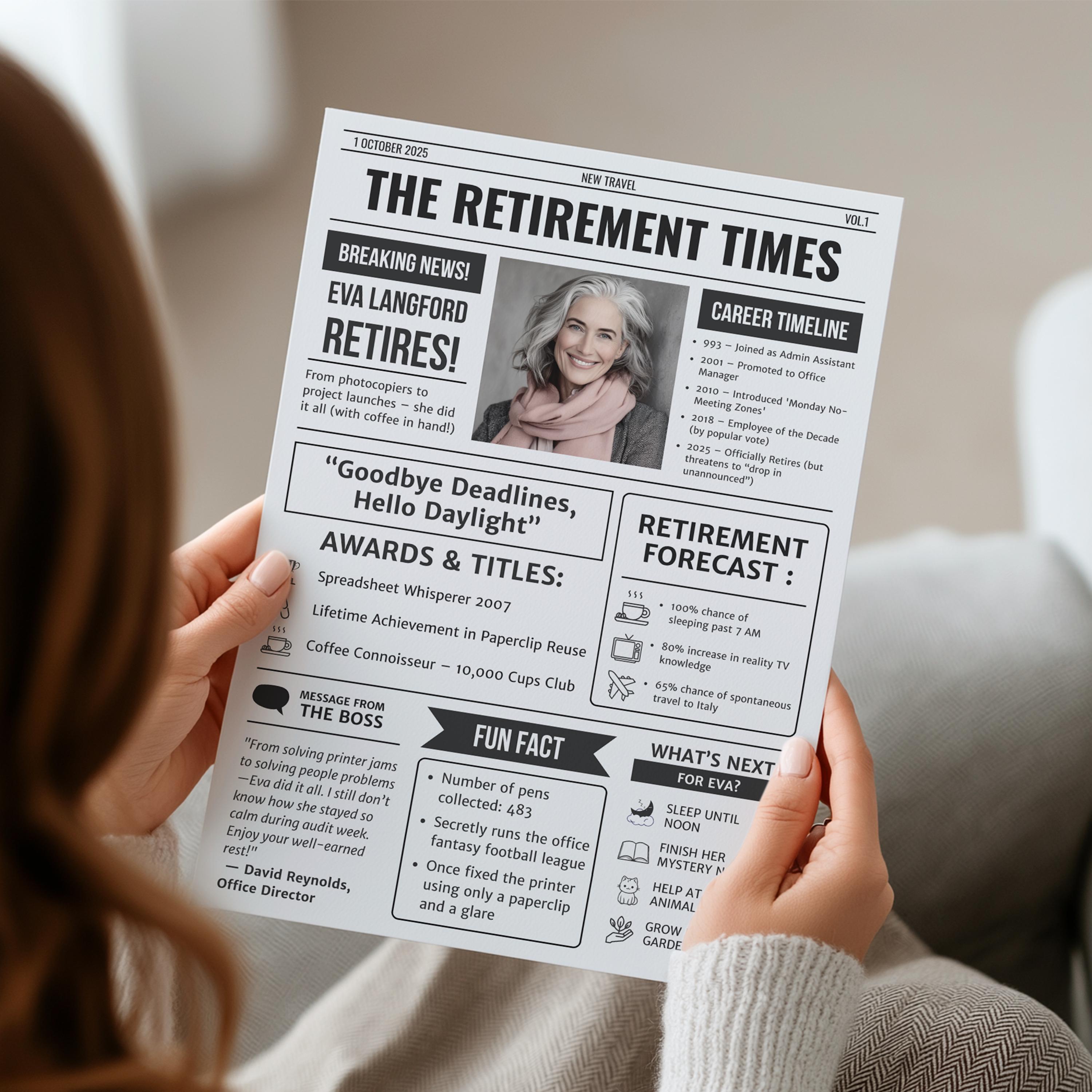 Editable Canva Retirement Newspaper Template | Retirement Party ...