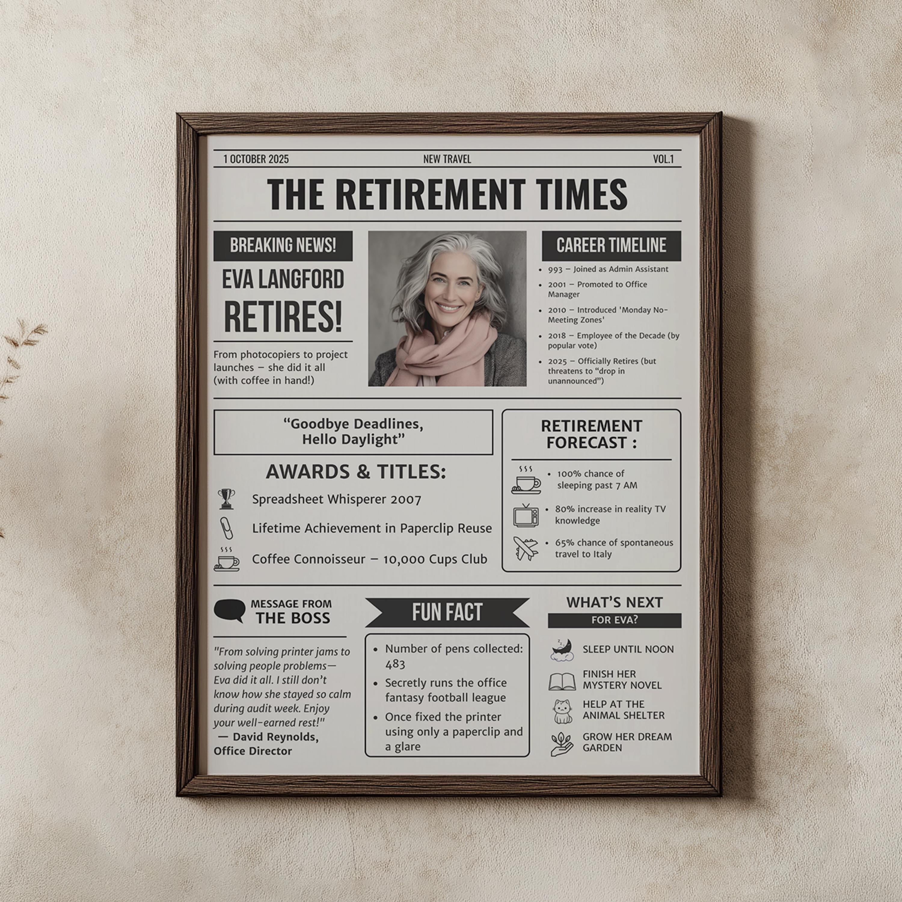 Editable Canva Retirement Newspaper Template | Retirement Party ...