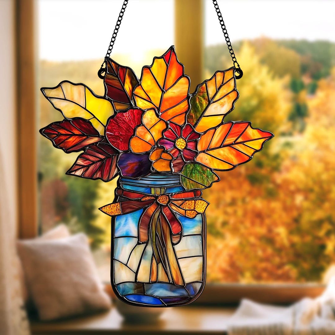 Autumn Leaves Faux Stained Glass Acrylic Suncatcher, Fall Window ...
