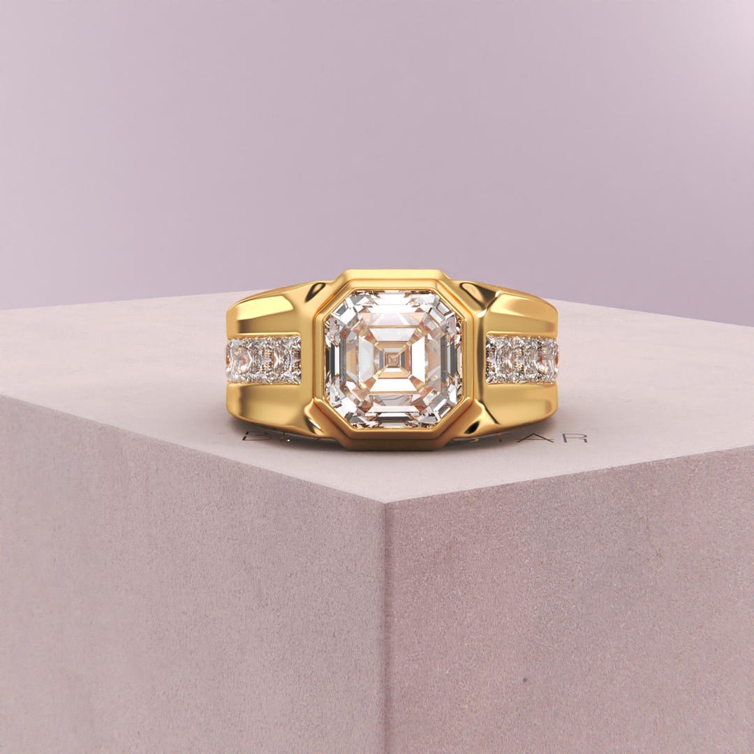 Mens Asscher Cut Diamond Ring, Princess Cut Side Diamonds, Iced Out ...