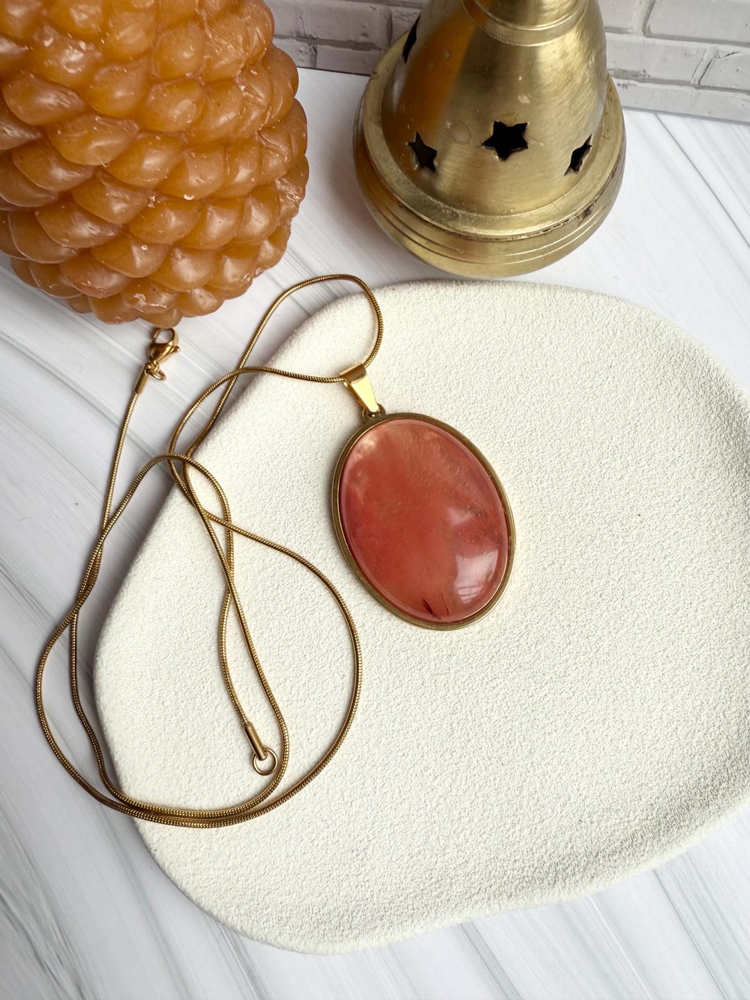 Real Cherry Watermelon Quartz Stone Oval Gold Pendant Necklace - Etsy