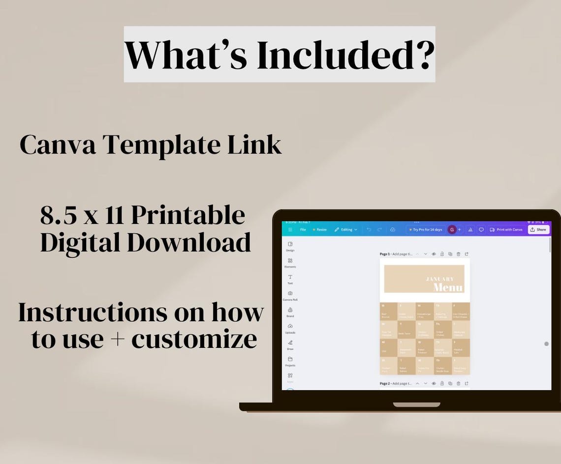 Customizable + Editable Monthly Menu Calendar Template – Printable Meal ...