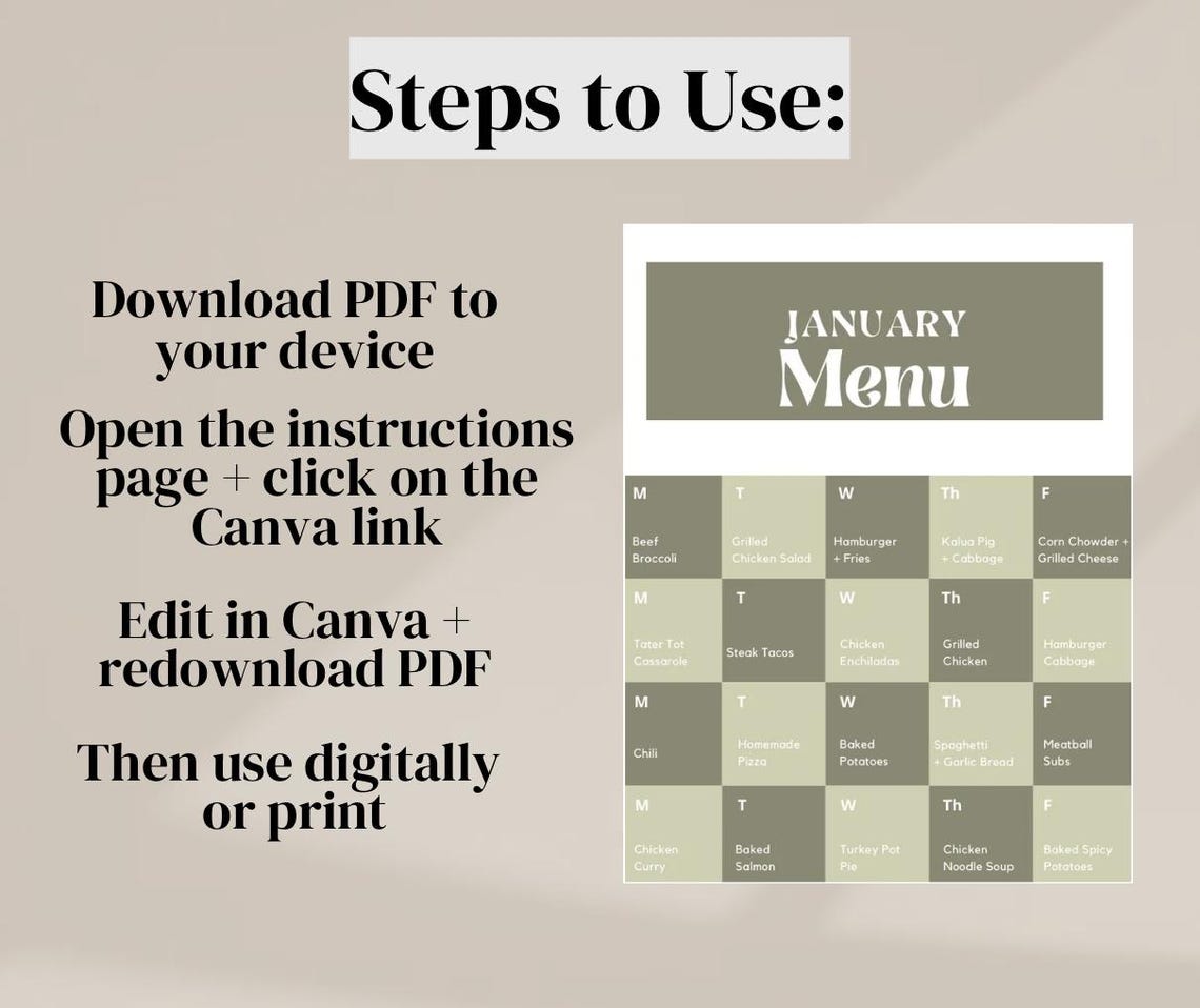 Customizable + Editable Monthly Menu Calendar Template – Printable Meal ...