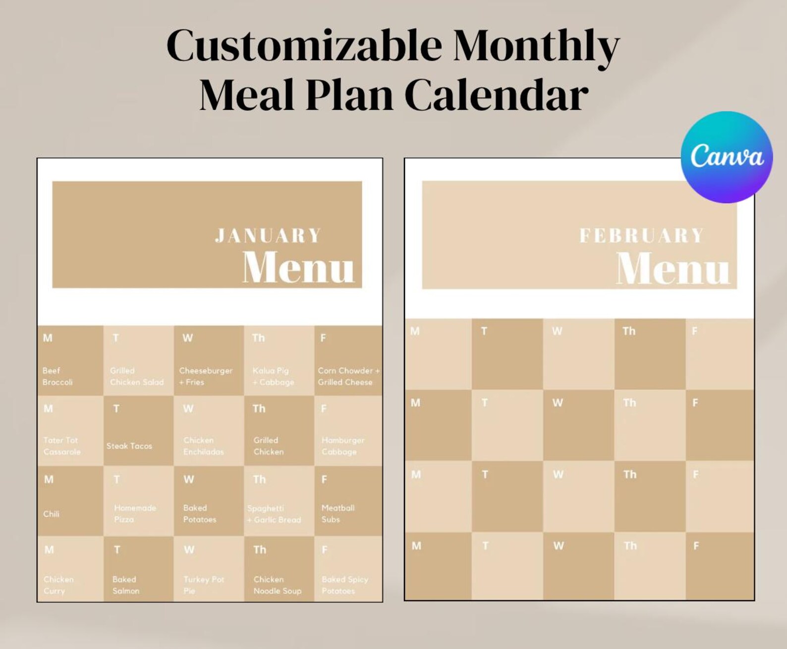 Customizable + Editable Monthly Menu Calendar Template – Printable Meal ...