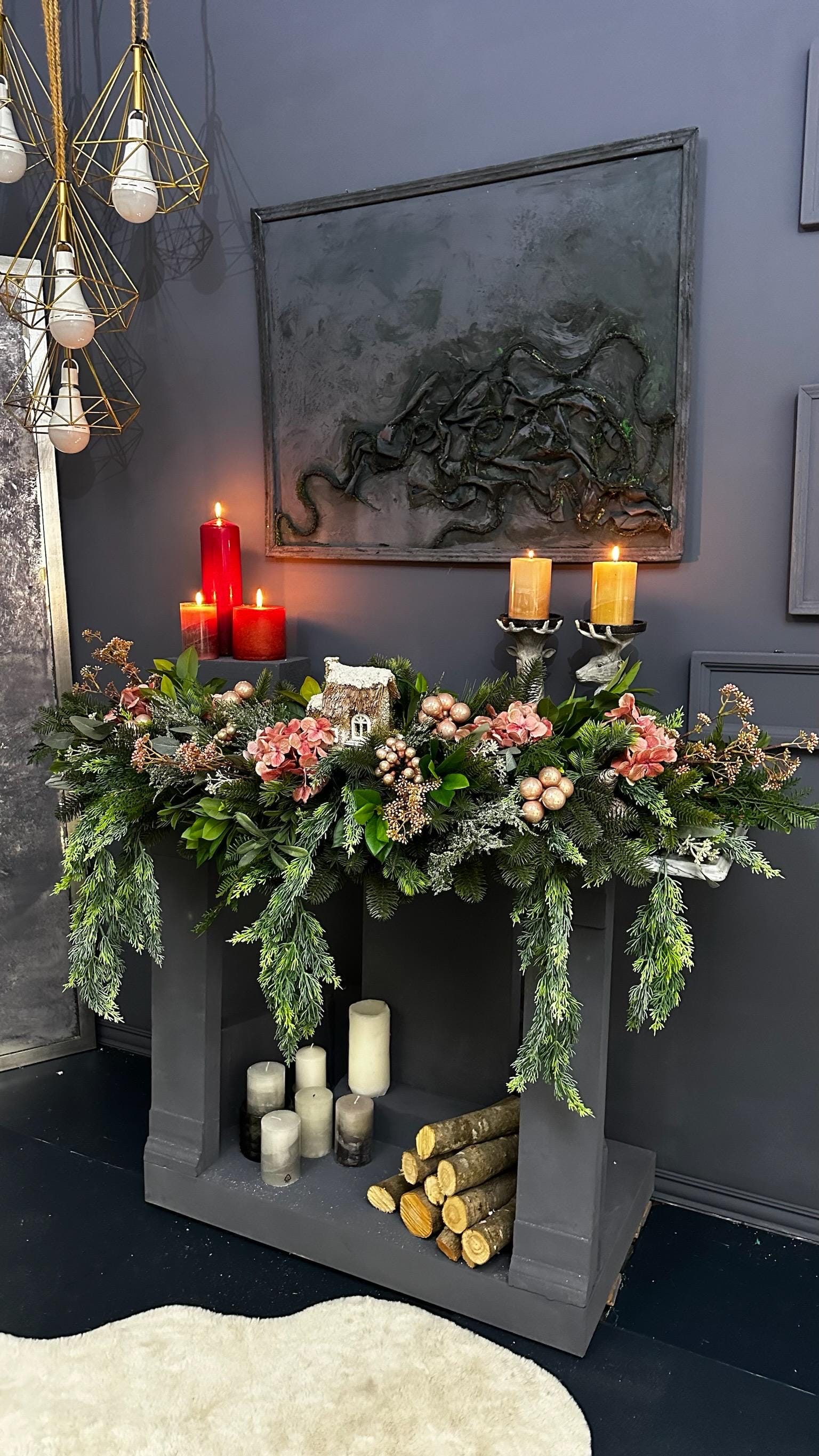 Large Christmas Garland Pink Hydrangea, Fireplace Mantel Garland Decor ...